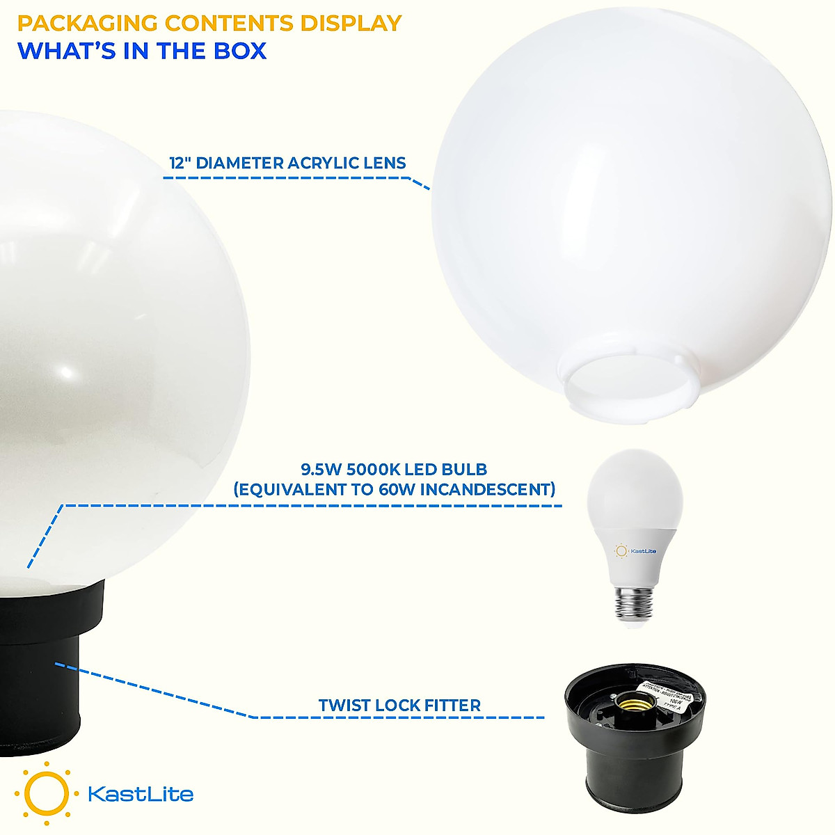 KastLite Lamp Post Globe Combo Lighting Fixture | 12" White Acrylic Lens with Black Fitter & Twist Lock Mounting | Fits 3" Diameter Posts (Not Included) | Comes with with 5000K LED Bulb