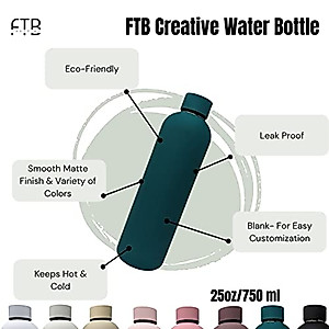 FTB Creative 25oz/750ml Insulated Stainless Steel Matte Water Bottle, Spill proof, Sweat Proof (25oz, Black)