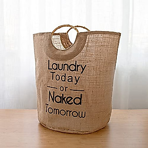 Laundry Basket Organizer Collapsible Waterproof Burlap Foldable Laundry Sorter Hamper Bin Basket for Clothes With Bamboo Handles (Brown, 19.3"(H) x 15.0" (D))