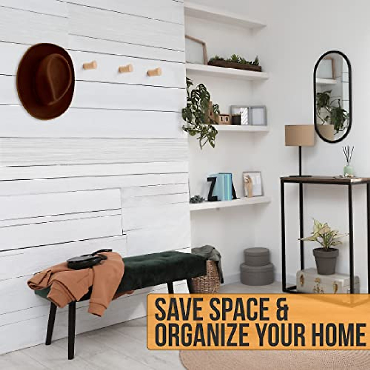 Omsli Wall Hooks, Coat Hooks Wall Mounted, Set of 6 Wooden Wall Hooks for Hanging Hat, Towel, Purse, Clothes, Rustic Coat Hangers for Wall, Boho Wall Decor (Beech Wood )