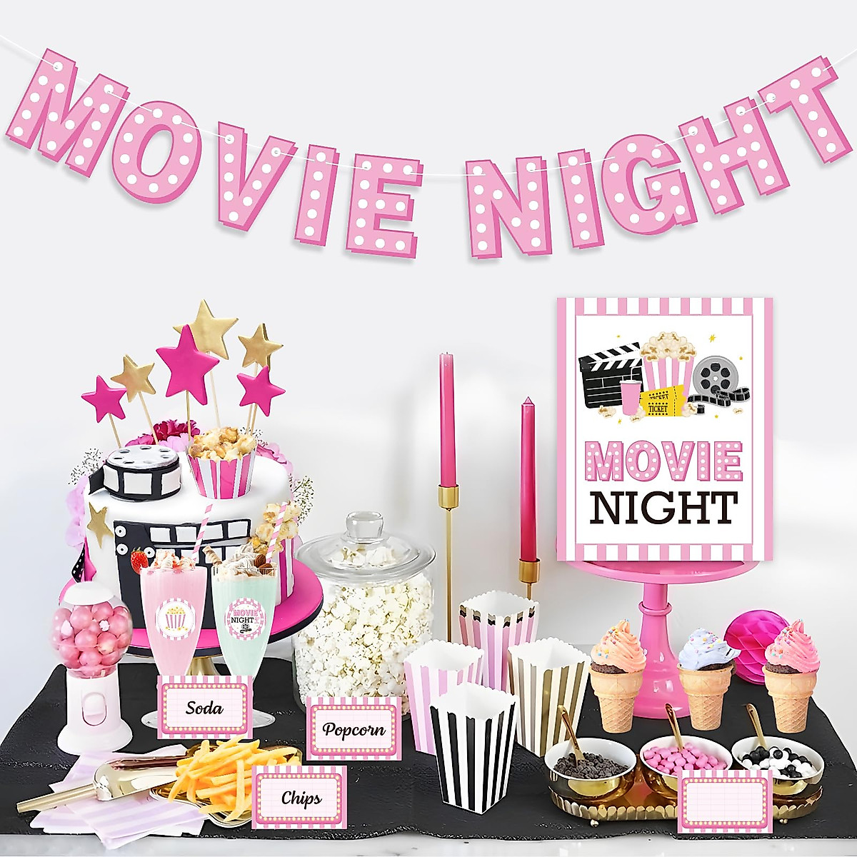 K KUMEED Movie Night Party Decorations-Pink Movie Night Banner Cute Popcorn Sign Ice Cold Drink Toppings Tent Cards Movie Night Stickers for Movie Theme Party Summer Ice Bar Film Party Supplies
