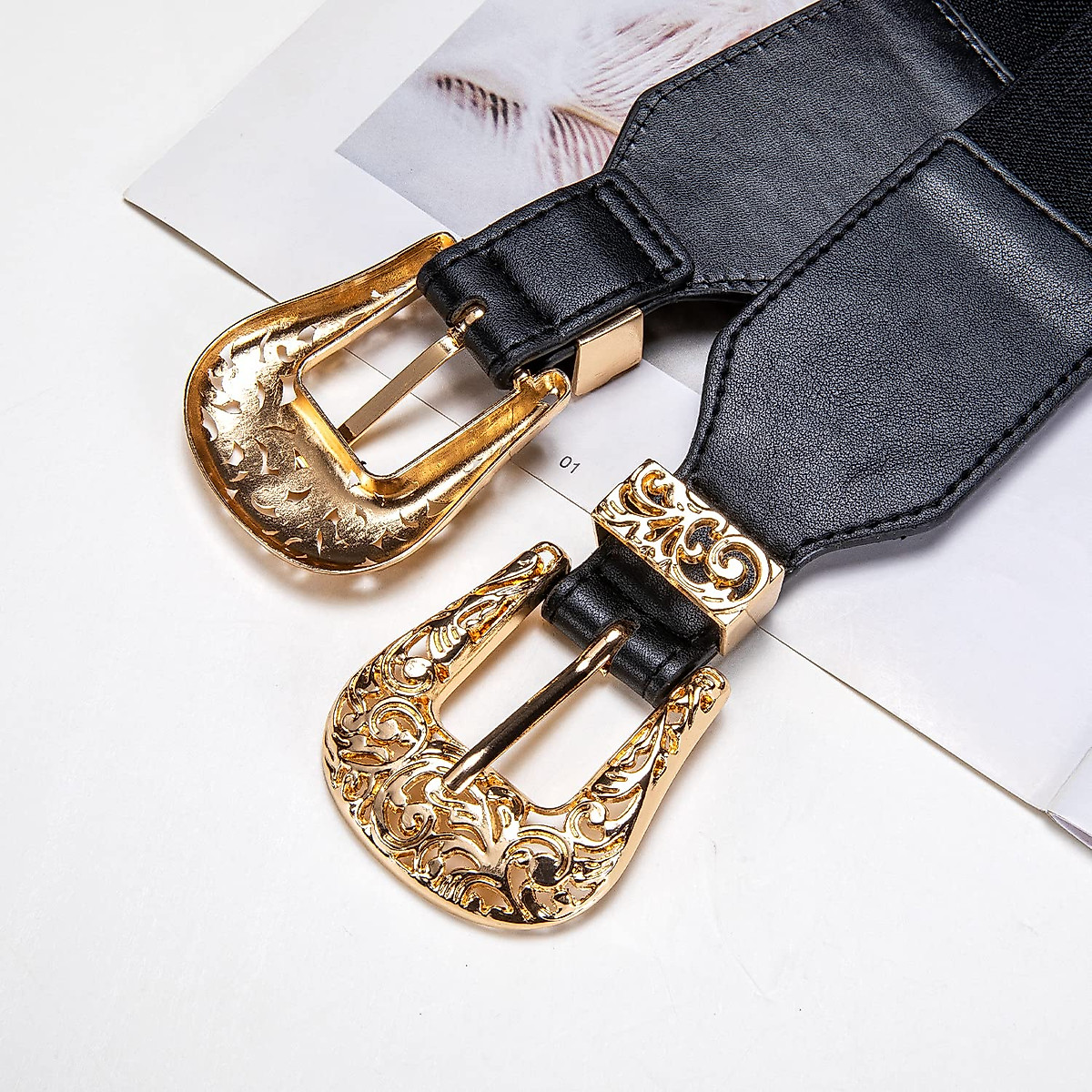 Dubulle Womens Belt Decoration Chain Black Leather Elastic Hidden Buckle Business Date Gift