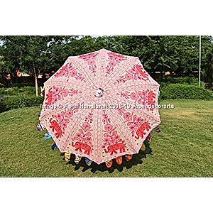 Asha Handicraft 72" Indian Handmade Embroidered Elephant Garden Umbrella, Large Outdoor Patio Parasols, Beach Umbrella Sun Shade Wedding Decorative Umbrellas (Large, White & Pink)