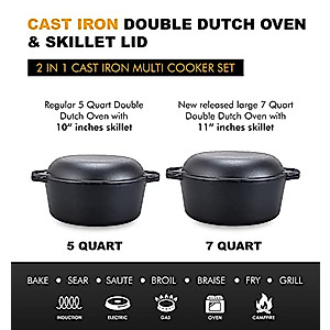 Bruntmor 2-in-1, 7 Quart Enamel Cast Iron Dutch Oven With Handles, Crock Pot Black Cast Iron Skillets, Enamel All-in-One Cookware Braising Pan For Casserole Dish | Pioneer Woman Cookware