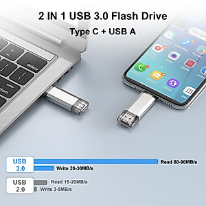 RAOYI 128GB USB C Flash Drive, 2 in 1 USB 3.0 Type C Dual OTG Metal Thumb Drive Jump Drive Memory Stick with Keychain Suitable for USB-C Smartphones, MacBook, Computers and Tablets (Silver)