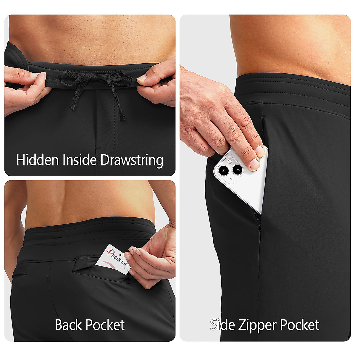 Pudolla Men's Golf Pants Stretch Sweatpants with Zipper Pockets Slim Fit Work Casual Joggers Pants for Men (Black Large)