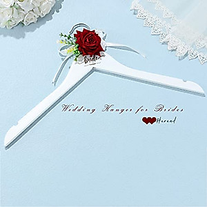 Heread Wedding Hangers White Wood Color Flower Bride Dress Hanger Leaf Groom Suit Hanger Engraved Wedding Grown Hanger with Ribbon Bow Knot for Women and Men (Bride (Pack of 1))