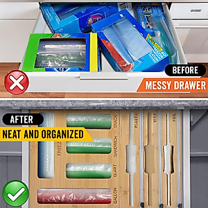Chef's Haven 9 IN 1 Storage Bag Organizer, Foil and Plastic Wrap Organizer with Cutters, Bamboo Kitchen Baggie Organizer for Drawer, Pantry & Countertop, Storage for Gallon, Quart, Sandwich, Snack Bag