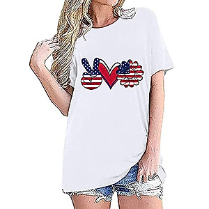 wodceeke Women's Summer Tops American Flag Print Short Sleeve T-shirt Casual Loose Solid Color Independence Day Top (White,L)