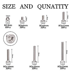 M3 Phillips Flat Head Screws Countersunk Bolts Nuts 304 Stainless Steel Nuts and Bolts Assortment Kit M3 x 6mm/ 8mm/ 12mm/ 16mm/ 20mm/ 25mm Metric Bolt Kit 260Pcs