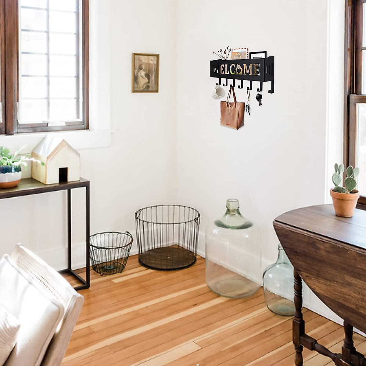 decorelax Key Holder & Rack Welcome Style Design Metal Key Rack with 7 Hooks Mail and Key Organizer Black