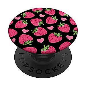 Cute Pink Strawberry Heart Pattern Strawberries Black PopSockets Swappable PopGrip