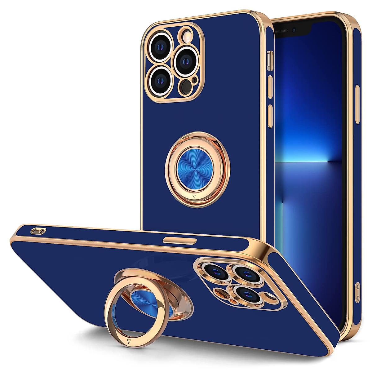 Hython for iPhone 13 Pro Max Case with Ring Stand [360°Rotatable Ring Holder Magnetic Kickstand] [Plated Rose Gold Edge] Slim Soft TPU Cover Luxury Protective Phone Case for Women Men, Blue