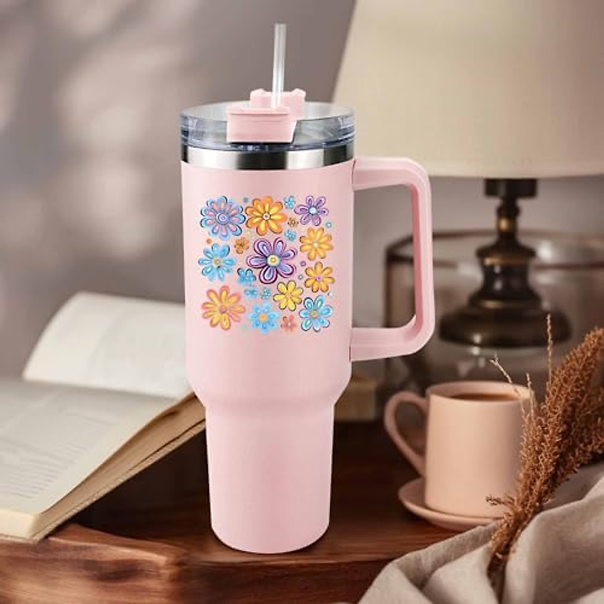 40 Oz Insulated Tumbler with Handle and Straw,Watercolor Blossom Flower Stainless Steel Vacuum Insulated Travel Mug,Leak-proof Water Bottle Iced Coffee Cup,Colorful Floral
