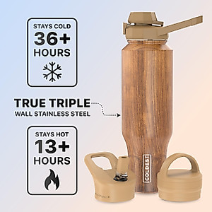 COLDEST Sports Water Bottle - 3 Lids (Chug Lid, Straw Lid, Handle Lid) Tumbler with Handle on Lid Water Bottles Cup Vacuum Insulated Stainless Steel, Fits Cirkul Lid (46 oz, Executive Wood)