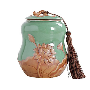 Vintage Crackle Glaze Celadon Handcrafted Porcelain Tea Storage/Tea Caddy with Tassel, Lotus (Size : Large)