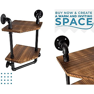 Bathroom Corner Shelf w/ Pipe Towel Bar – Farmhouse Towel Rack Made of Paulownia Wood and Cast Iron, Pipe Rack in Black Matte – Hand Towel Holder for Rustic Décor w/ 2-Tier Shelf - Rustic Brown