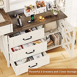 HAUOMS Farmhouse Vanity Desk with Openable Mirror and Lights, White Vanity Table with Drawer Dresser, Glass Top and Charging Station, Large Makeup Desk with 5 Drawers, 9 Shelves, Antique White