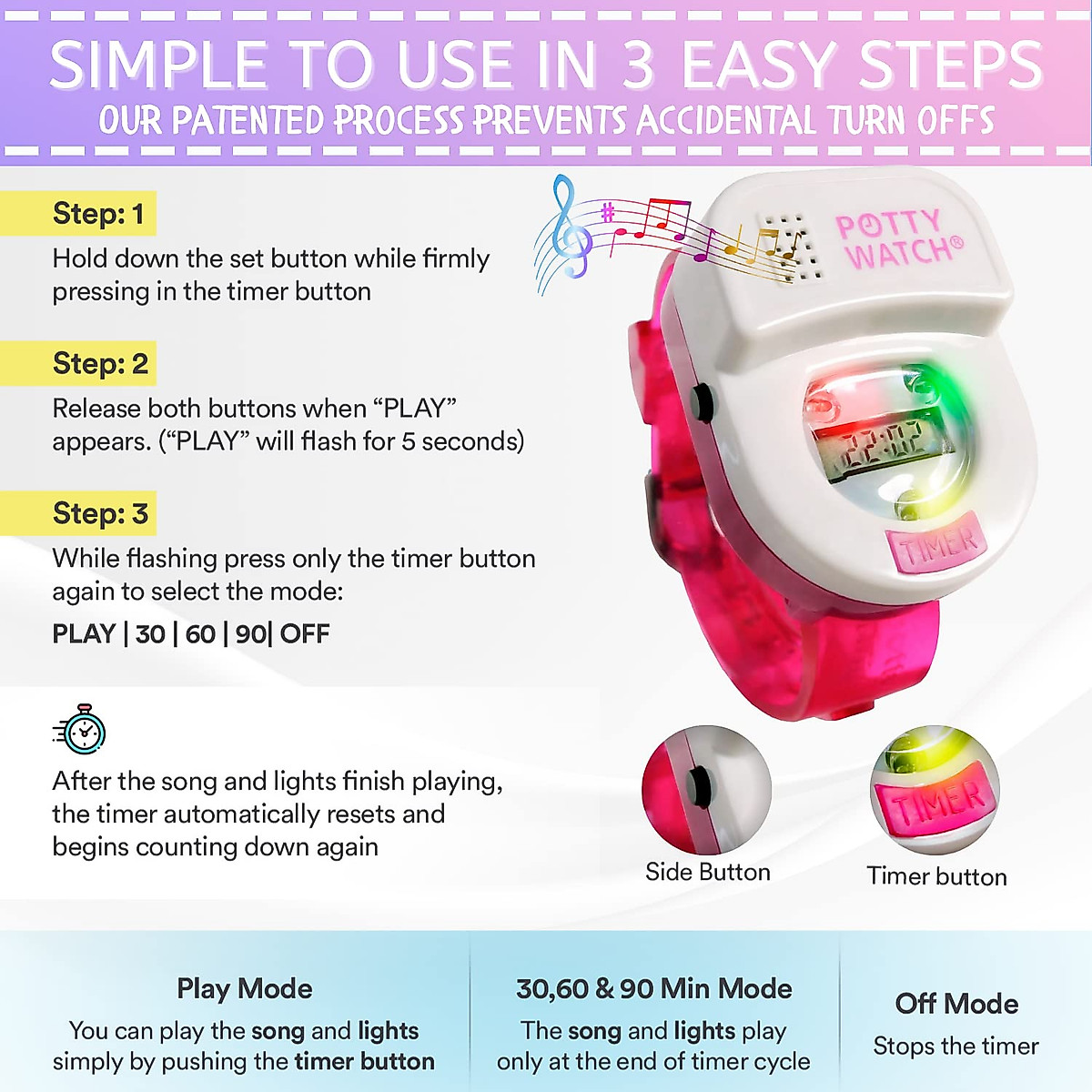 Potty Watch for Kids Potty Training - Potty Training Watch with 3 Fun Flashing Lights and Music - Water-Resistant Watch - Potty Watch Remind Kids Every 30, 60 or 90 Minutes - Purple