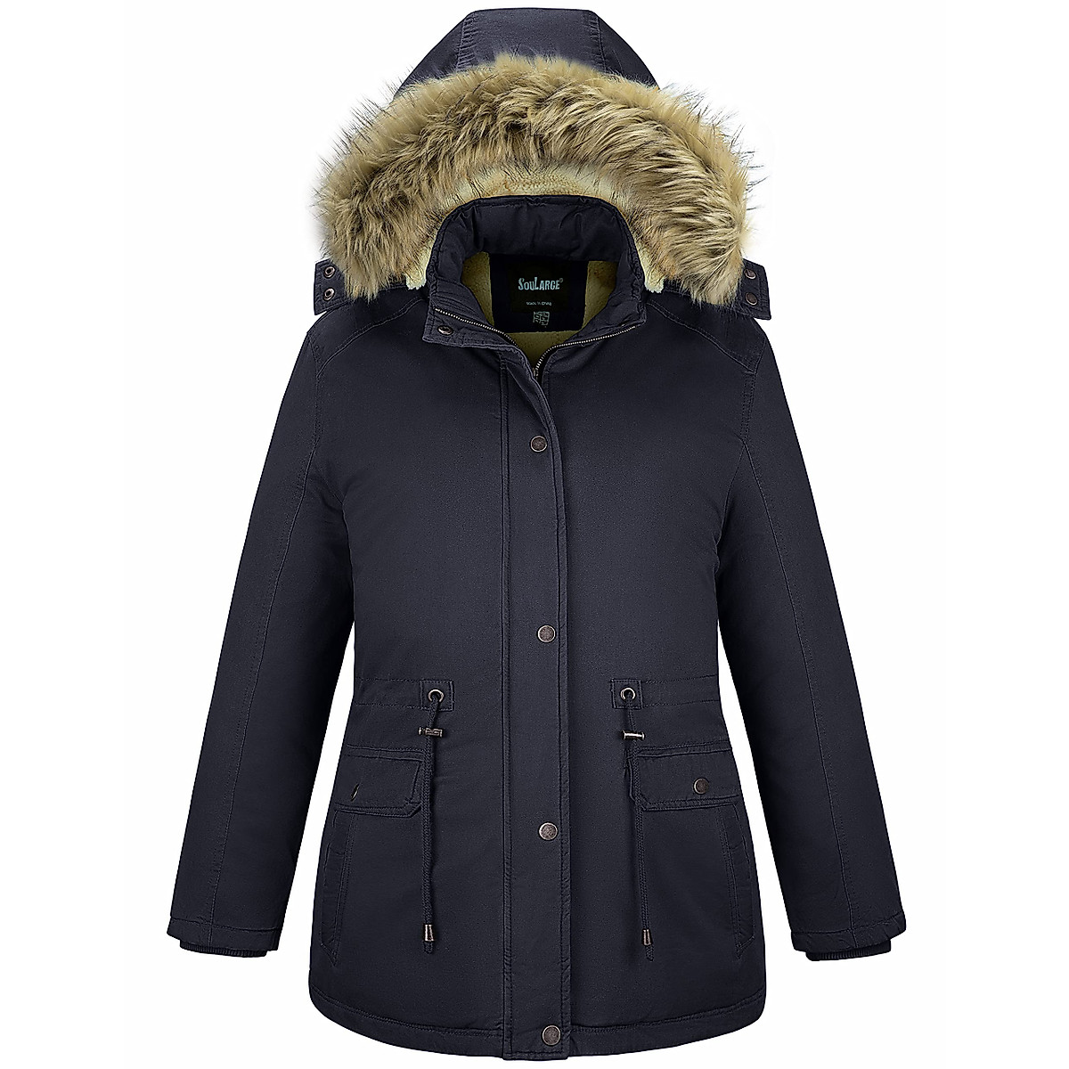 Soularge Women's Winter Plus Size Pure Cotton Coat with Detachable Hood(Navy,4X)