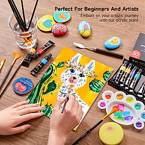 Shuttle Art 46 Pack Acrylic Paint Set, 30 Colors Acrylic Paint with 10 Brushes 3 Canvas 1 Knife Palette Sponge, Complete Gift for Kids, Adults, Beginners, Painting Wood, Ceramic