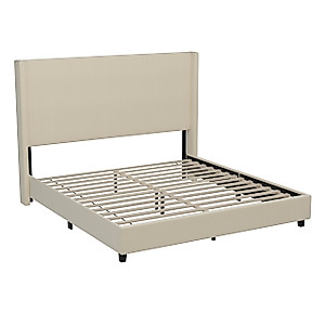 EMMA + OLIVER Nora Wingback Platform Bed - Beige Faux Linen Upholstery - Durable Engineered Wood Frame - No Box Spring Needed - Lightweight Design - King