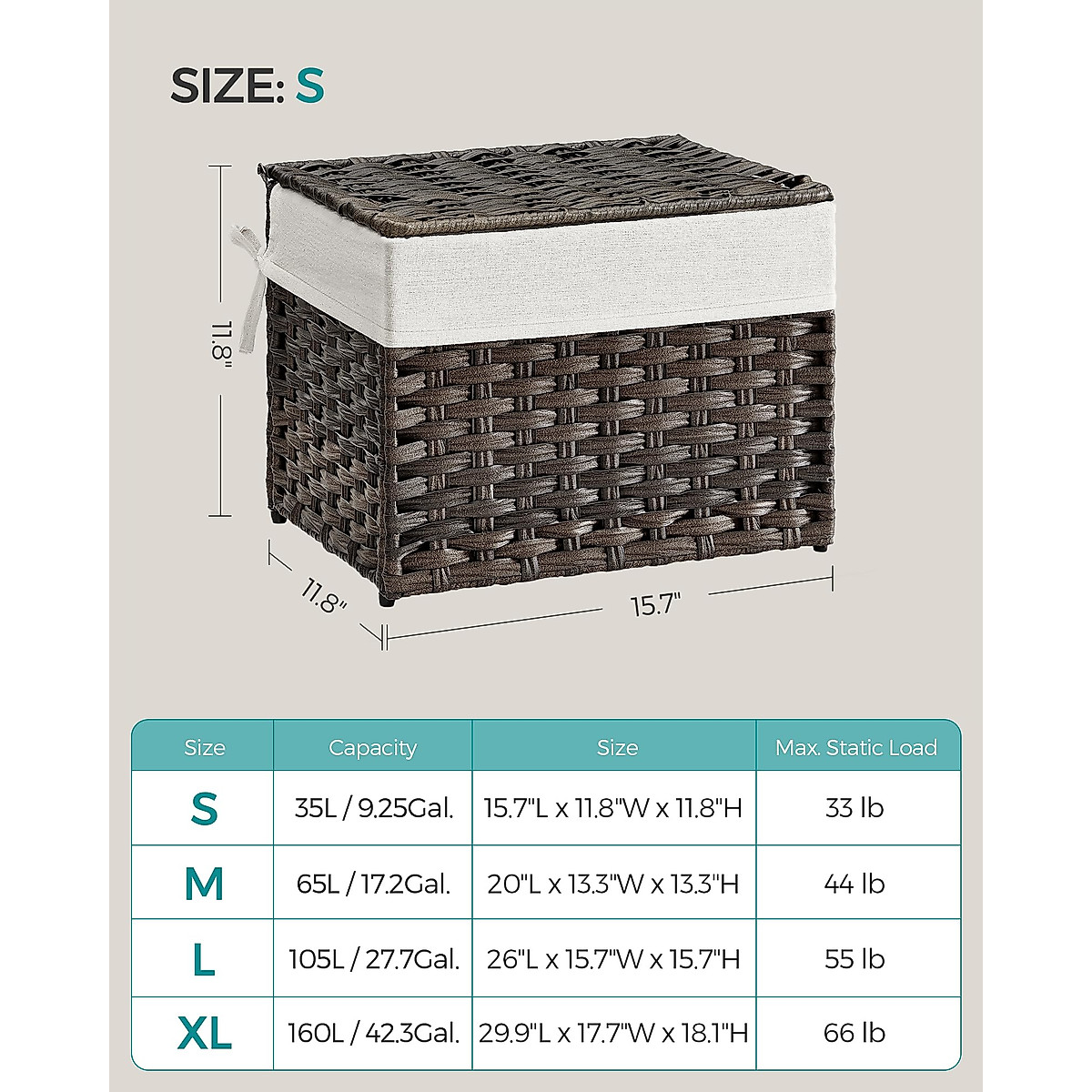 SONGMICS Storage Basket with Lid, 9.2 Gallon (35L) Storage Bin, Woven Blanket Storage Basket with Handles, Foldable, Removable Liner, Metal Frame, for Bedroom, Laundry Room, Brown URST040K01