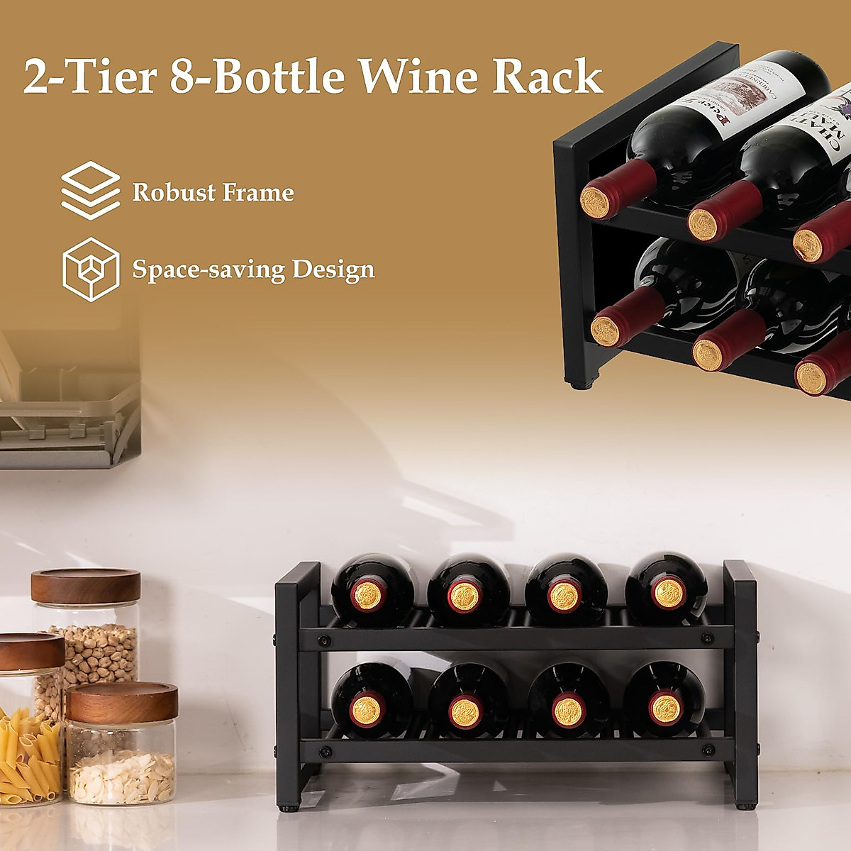 GOFLAME 2-Tier Wine Rack, Freestanding Countertop Wine Display Rack with Adjustable Foot Pads, Rust-Proof Surface, 8-Bottle Metal Wine Bottle Holder for Kitchen, Bar, Pantry, Cellar, Basement, Black