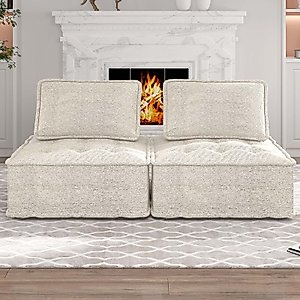 Mjkone 2PCS Modular Floor Loveseat Sofa, Armless Free Combination Comfy Couch with Removable Backrest, Versatile Sectional Sofa for Living Room, Apartment & Office, Space-Saving Design-Beige