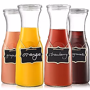 NETANY Set of 4 Glass Carafe with Lid, 1 Liter Beverage Serveware Carafe, Clear Glass Pitcher for Mimosa Bar, Brunch, Cold Water, Juice, Milk, Iced Tea, Lemonade
