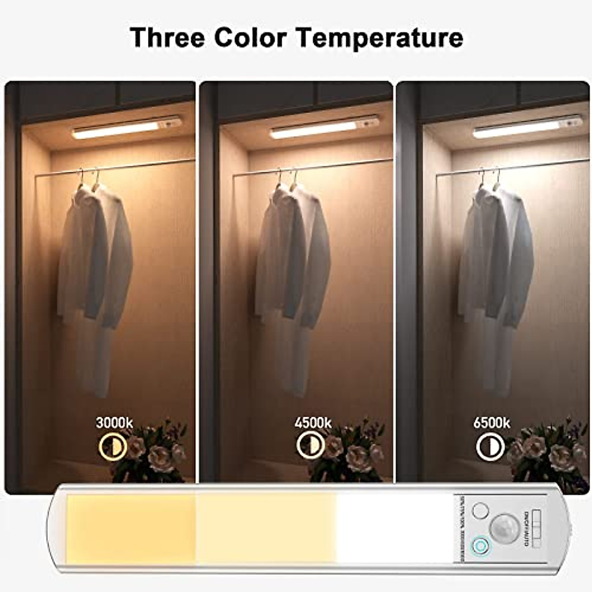 66-LED Under Cabinet Lights Motion Sensor - 3 Color Temperature Yellow/White Dimmable Wireless Closet Lighting w/ Rechargeable 1000mAh Battery, Indoor Night Lights for Kitchen Drawer Cupboard - 2Pack