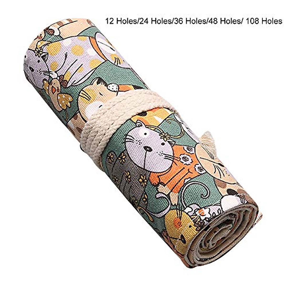 Canvas Pencil Roll Wrap 12/24/36/48 Holes, Multiuse Cartoon Cat Roll Up Pencil Case Large Capacity Pen Curtain for Coloring Pencil Holder Organizer