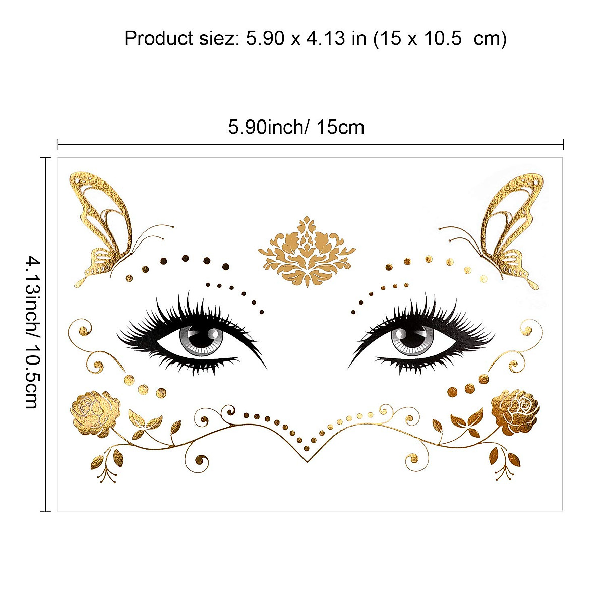 Konsait 8 Sheets Face Tattoo Sticker Metallic Temporary Transfer Tattoo Waterproof Face Jewels for Women Girls Make Up Dancer Costume Parties, Shimmer Glitter Gold Tattoos,Butterfly Star Freckle Scale