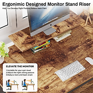 DESIGNA 55 Inch Home Office Computer Desk with Monitor Stand Storage Shelves, Study Writing Moder PC Computer Gaming Desk Large Workstation with 2 Hooks & Storage Bag,Easy Assembly，Rustic Brown/Black