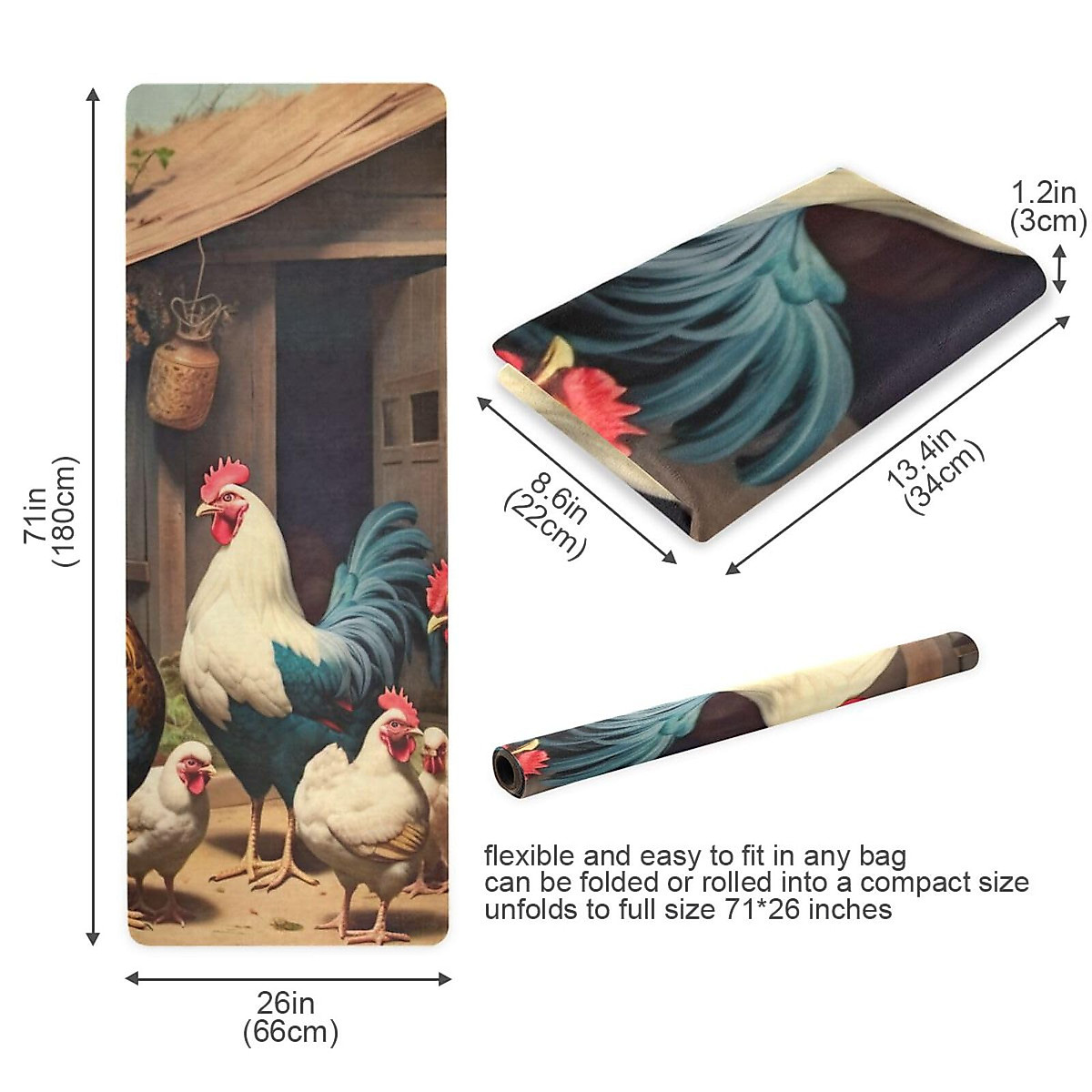 GOODOLD Farm Chicken House Yoga Mat, 71 x 26 Inch Non-slip Yoga Mats Folding Travel Exercise Mat Indoor Outdoor Gym Pilates with Storage Bag for Women Men