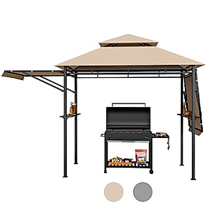 Tangkula 13.5x4 Ft Grill Gazebo with Dual Side Awnings, Double Tier BBQ Gazebo with 2 Side Shelves, Heavy-Duty Steel Frame, CPAI-84 Barbecue Grill Gazebo Shelter for Patio, Garden, Beach, Terrace