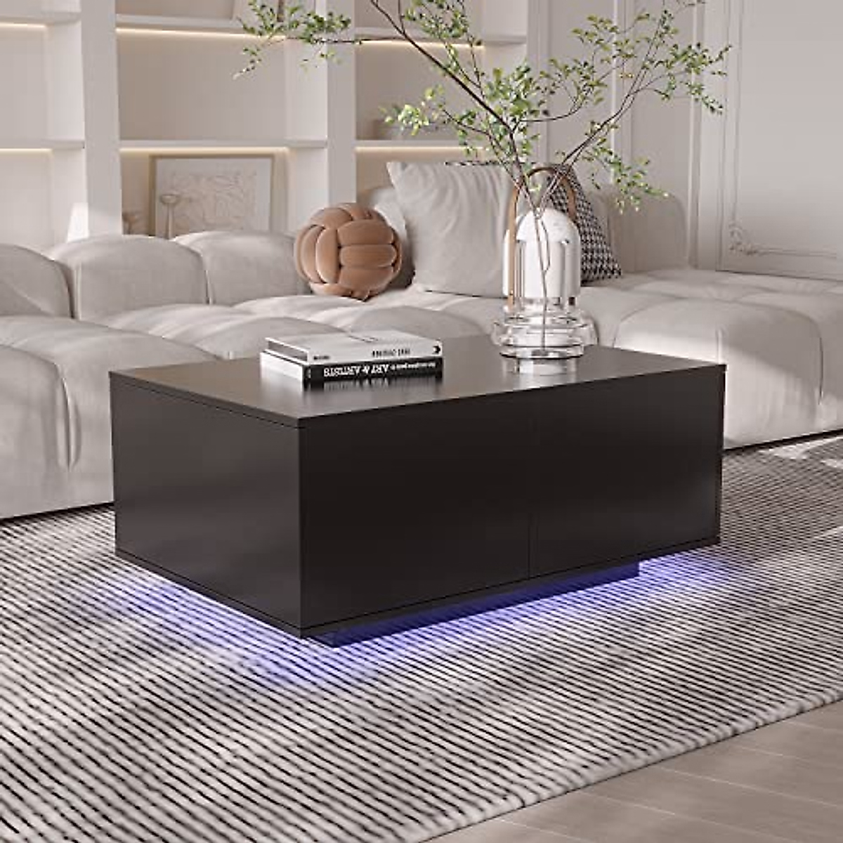 LED Coffee Table with Storage Drawers, High Glossy Coffee Table with LED Lights for Living Room, Modern Living Room Center Table Rectangular, Black (Style1, Black)