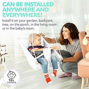 CaTeam - Canvas Kids Swing, Wooden Hanging Swing Seat Chair with Safety Belt, Durable Toddler Swing Chair, Outdoor and Indoor Swing for Kids, Mounting Hardware Included, Ivory