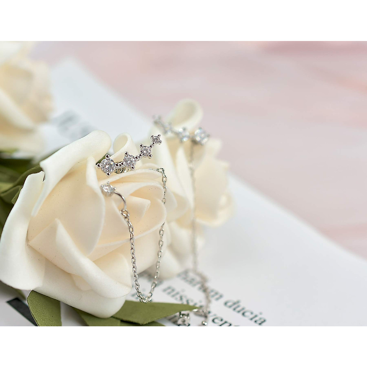 CZ 925 Sterling Silver 14K Gold Plated Ear Crawler Hypoallergenic 4 Crystals Stud Earring with Chain Threader Earrings for Women (White Gold)