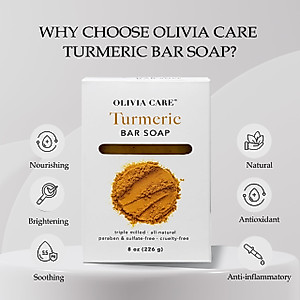 Olivia Care Turmeric Bar Soap -Natural, Vegan & Organic - For Face & Body Exfoliate, Hydrate, Moisturize & Deep Clean - Triple-Milled - Infused with Antioxidants - 8 OZ
