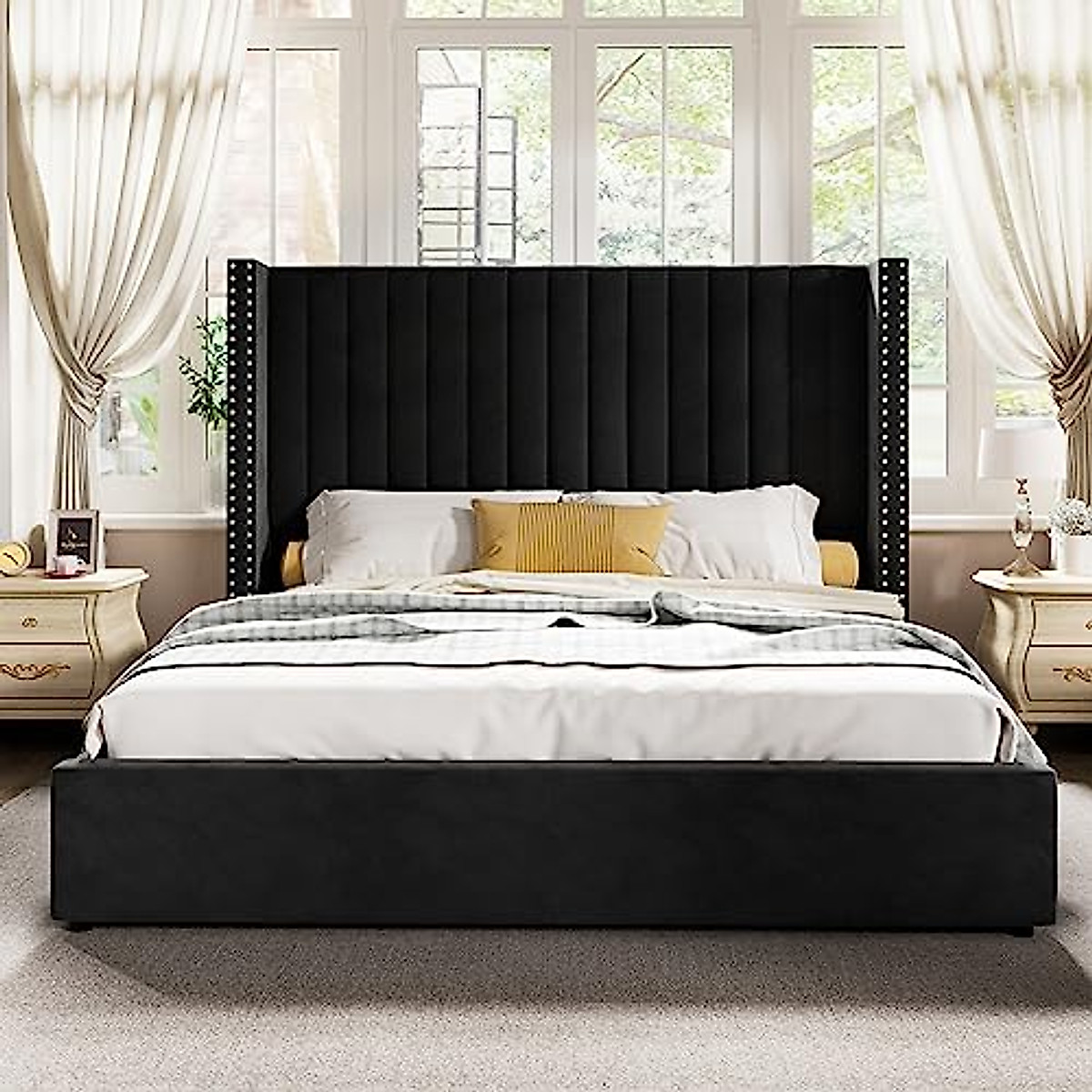 Jocisland Queen Bed Frame Lift Up Storage Bed, Velvet Queen Upholstered Bed Frame Channel Tufted Wingback Headborad/No Box Spring Needed/Black