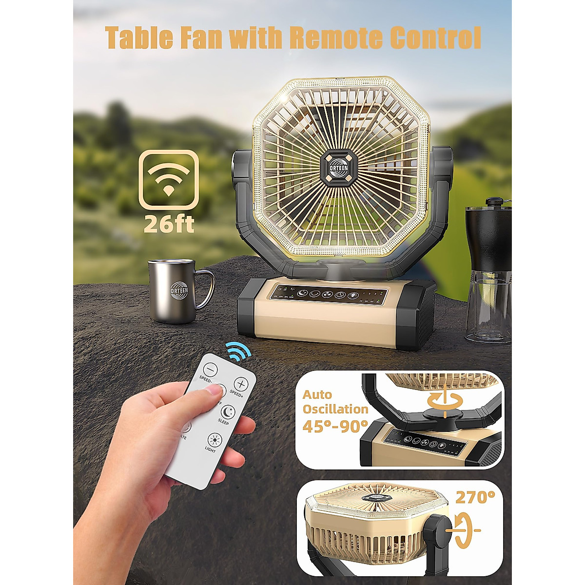 Camping Fan Rechargeable - 9-Inch Battery Powered Fan, 20000mAh(60Hrs) Battery Operated Fan for Camping, Auto Oscillation Cordless Fan, Tent Fan with Remote/Light, 4 Speeds, 4 Timing, Outdoor