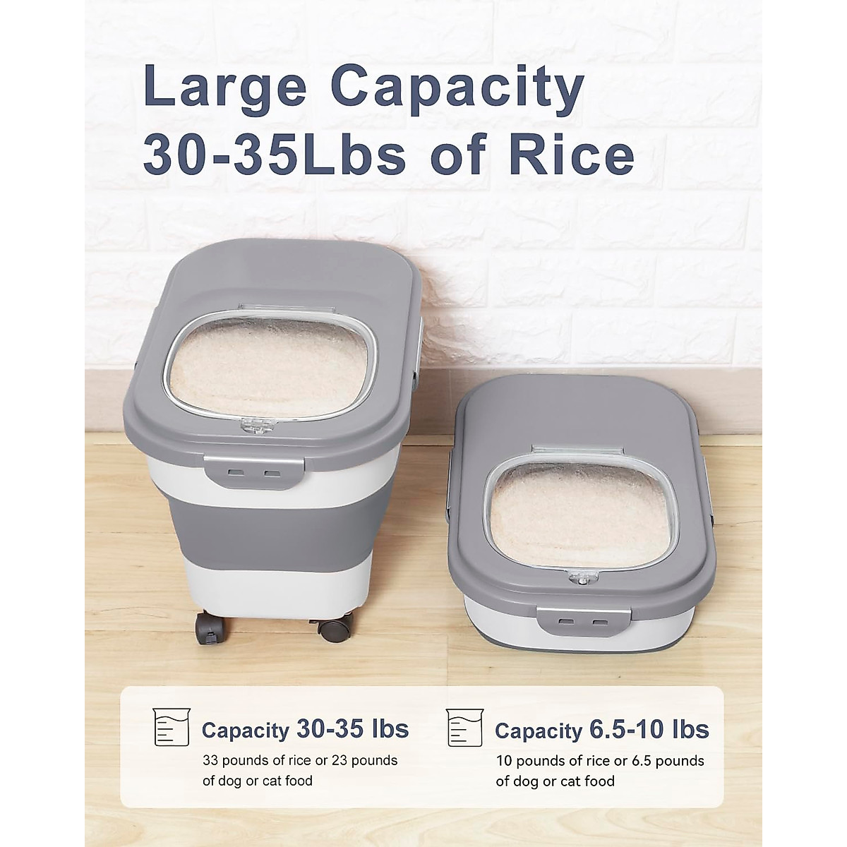 DDMOMMY 20-30Lbs Rice Storage Container,Collapsible Food Storage Containers with Rolling Wheel Airtight Locking Lid,Flour Storage Container with Cup and Scoop,Suitable for Food,Rice,Pet Food,Flour