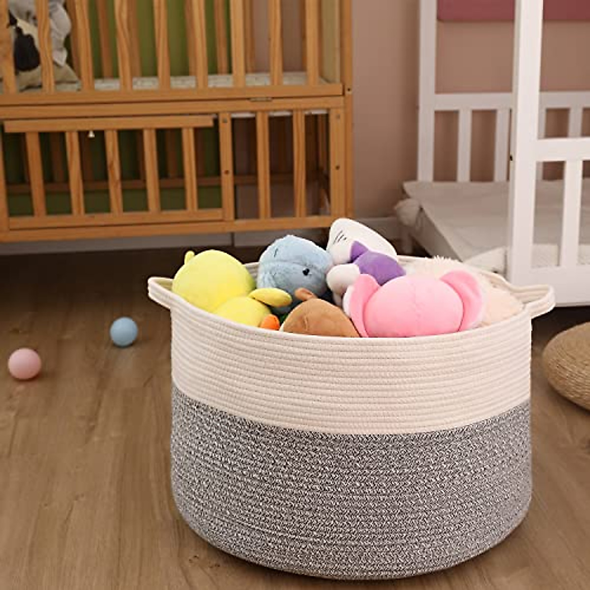 TONGXIN Large Laundry Basket Woven Cotton Rope Laundry Hamper 21.7"x13.8" Woven Baby Laundry Blanket Basket Toy Basket with Handle Storage Comforter Cushions Thread Laundry Hamper grey