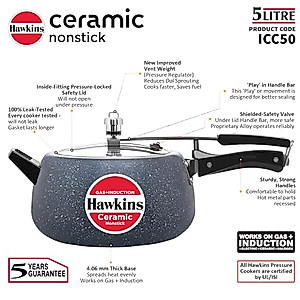 Hawkins 5 Litre Ceramic Nonstick Pressure Cooker, Induction Inner Lid Cooker, Granite Contura shaped Cooker, Best Cooker, Blue (ICC50)