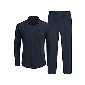 COOFANDY Men's 2 Pieces Linen Set Button Down Shirts and Loose Pants Wide Leg Baggy Beach Yoga Trousers Outfits