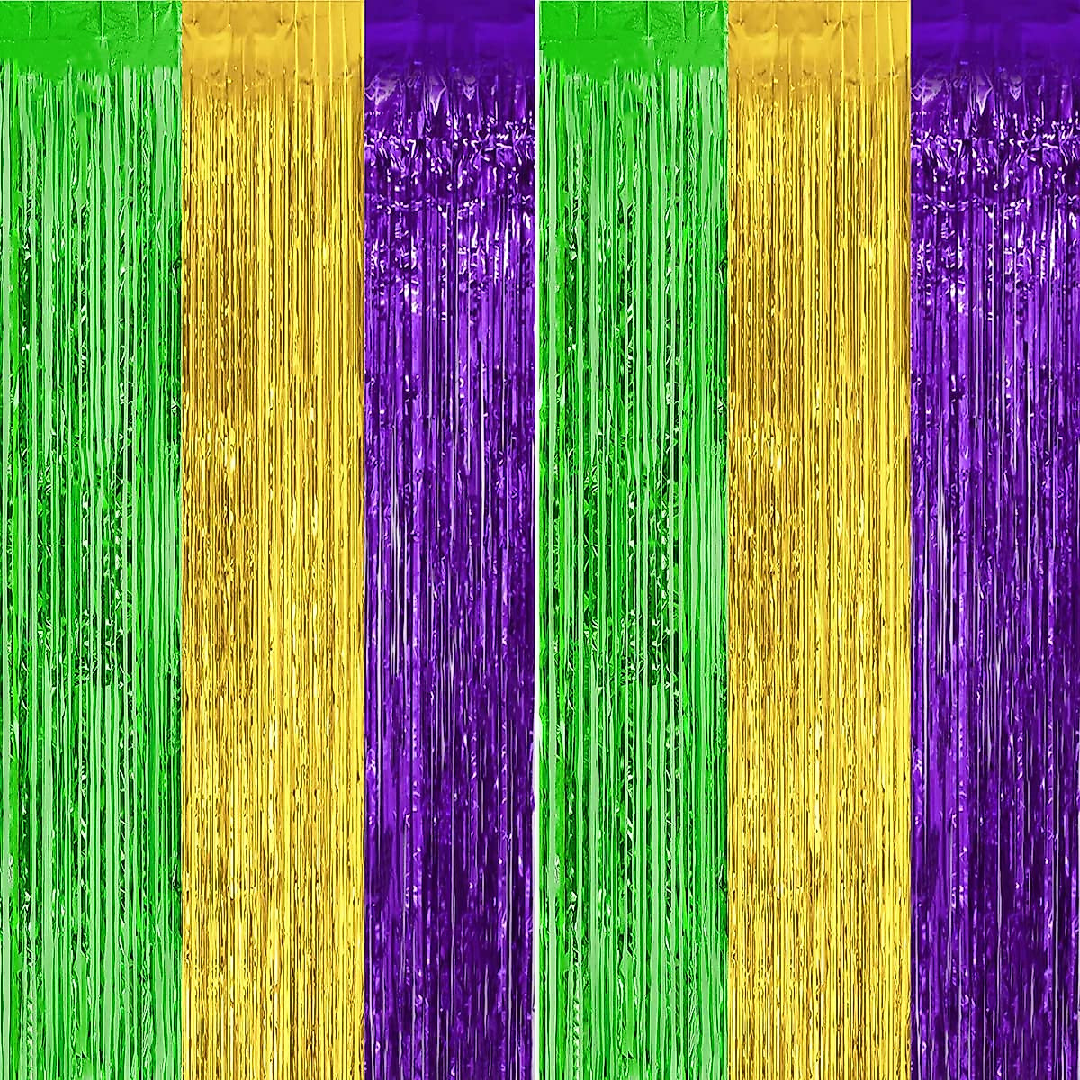 2 Pack 3.2ft x 9.8ft Mardi Gras Metallic Foil Fringe Curtain, Purple Green Gold Tinsel Curtains Streamers Party Photo Booth Props Backdrop for Mardi Gras Themed Party, St. Patrick's Day
