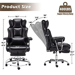 ZZW Executive Office Chair 400LBS Big and Tall Gaming Chair with Foot Rest Leather Office Chair with Armrests High Back Office Chair with Lumbar Support, Black