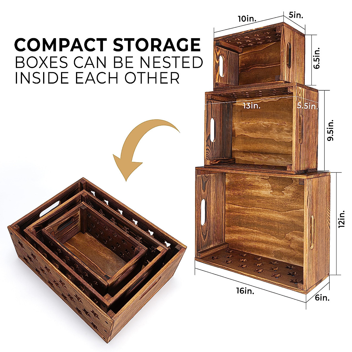 AONEHOME Set of 3 Decorative Nesting Wooden Crates with Handles, Wood Crates for Organizing Home and Kitchen, storage crates, Crates for Decoration, Wooden Crate (Rustic, Rustic Brown)