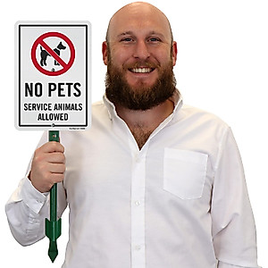 SmartSign 10 x 7 inch “No Pets - Service Animals Allowed” LawnPuppy Yard Sign and 18 inch Stake Kit, 40 mil Laminated Rustproof Aluminum, Red, Black and White, Set of 1, Made in USA